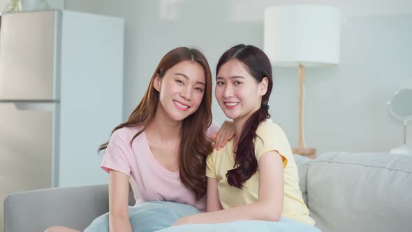 Portrait Of Asian Beautiful Lesbian Woman Couple Smile Look At Camera