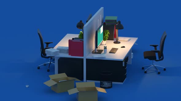 Isolated Office Cubicle Hard Work At night. Chaos and mess in the ...