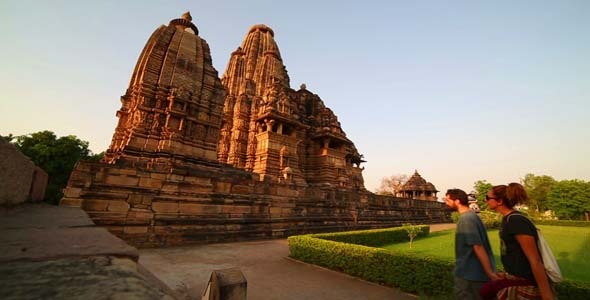 Caucasian Couple Traveling Kama Sutra Temple, India, Stock Footage