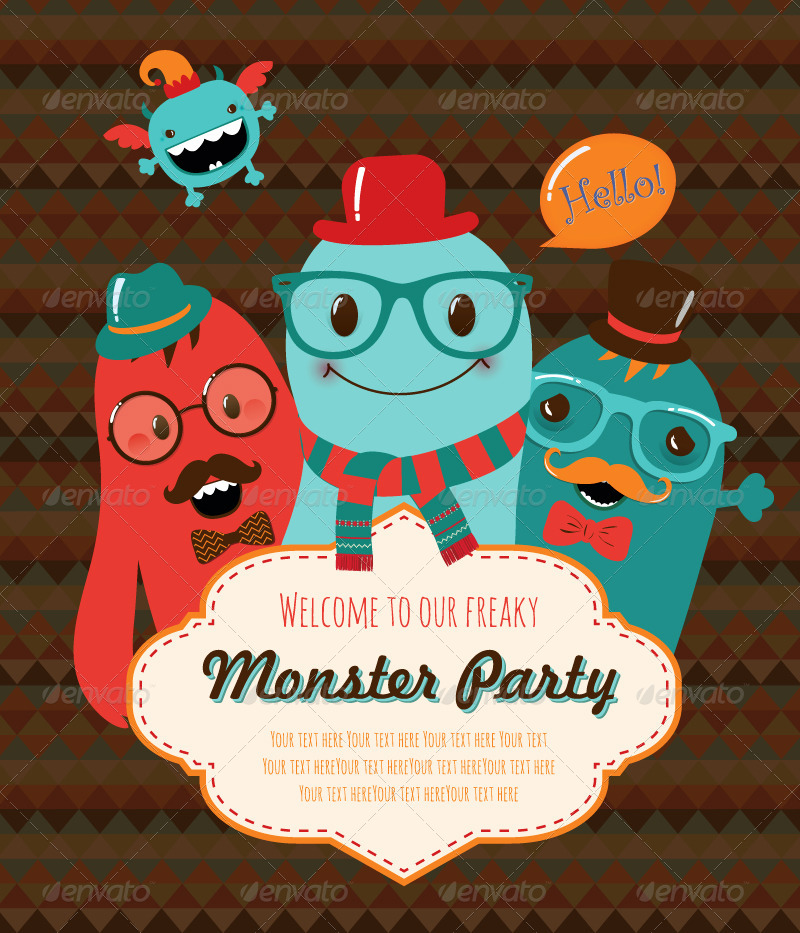 Banners and Greeting Cards with Cute Monsters, Vectors | GraphicRiver