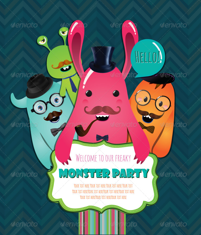 Banners and Greeting Cards with Cute Monsters, Vectors | GraphicRiver