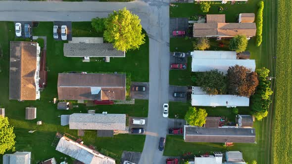 Top down aerial view of mobile home park in America. Affordable housing ...