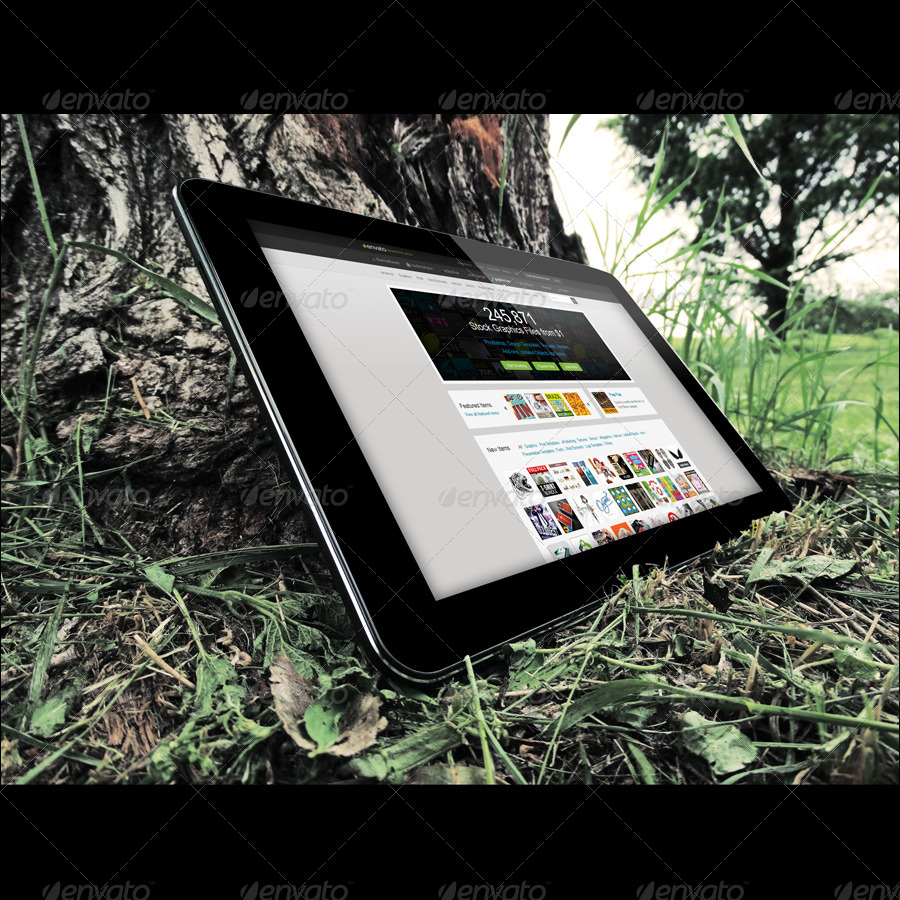 PhotoRealistic Tablet In Nature Mock Up, Graphics | GraphicRiver