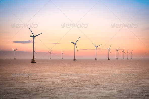 offshore wind farm in sunset Stock Photo by chuyu2014 | PhotoDune