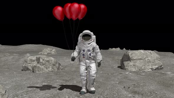Astronaut Walking on the Moon with Red Balloons, Motion Graphics ...
