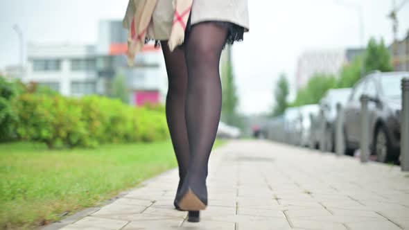 Legs of woman walking fast on the sidewalk in the street, bottom view ...
