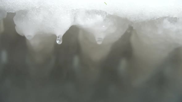 Water Droplets Drip From the Melting Ice During Defrosting of the ...