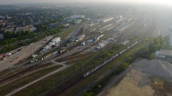 Aerial view. Modern high speed train. Railroad in landscape, aerial ...