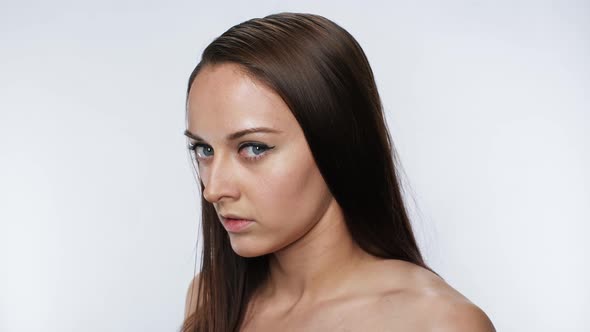 Face Rotate Fashion Cute Girl Look at Camera Serious Closeup White ...