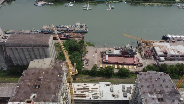 Construction of a House on the River Bank Aerial View, Stock Footage