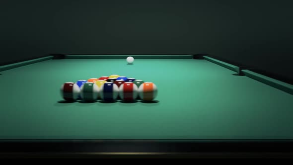 Breaking the rack in the pool. A strong, professional shot of cue ball ...