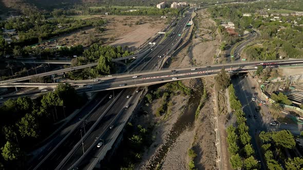 Aerial view of a crane shot of the busy Santiago de chile highway full ...