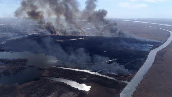 Wildfires, Large Fire Fast Moving By Dry Meadow with Smoke Going Up To ...