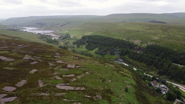 Drone ariel point of view. Derbyshire Peak District moorlands with ...