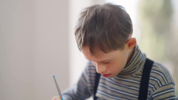 Smiling Excited Autistic Child Drawing As Woman Pointing Talking, Stock ...