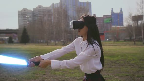 Futuristic VR Sword Fencing Practice in Virtual Reality Headset and ...