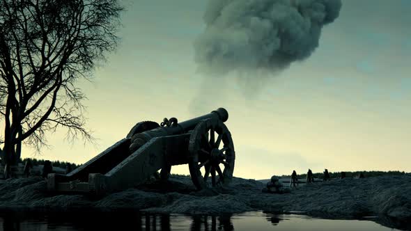 Old-fashioned heavy cannon on wheels firing a bronze ball on a night ...