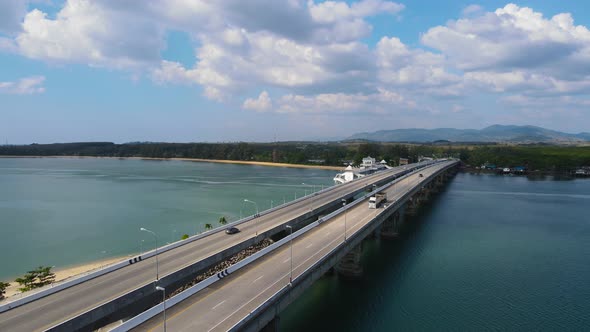 Aerial view top down view Sarasin Phuket Bridge transport over sea ...