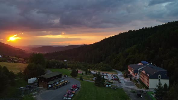 Aerial view of the ski resort Plejsy in the town of Krompachy in ...