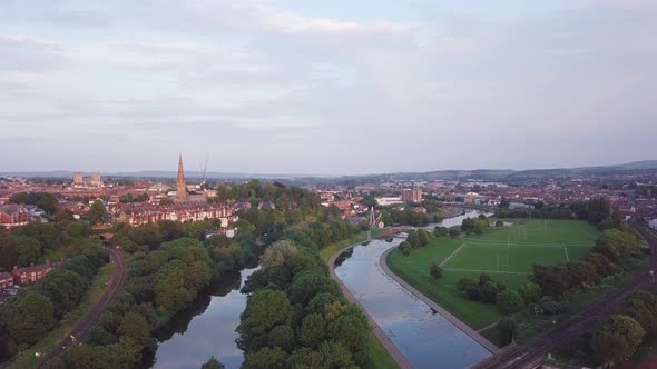 An aerial shot of the rivers running through Exeter at sunset, Stock ...