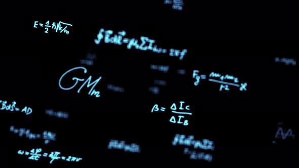 Handwritten mathematical and physical formulas of neon glowing color ...