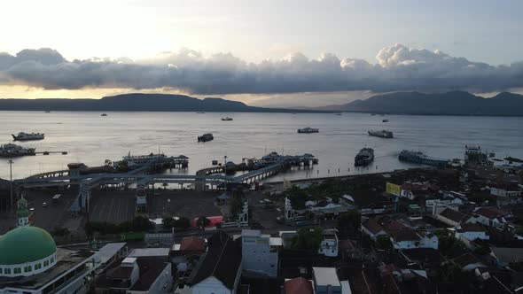 Aerial view of Ferry boat crossing the Ketapang port. From Banyuwangi ...