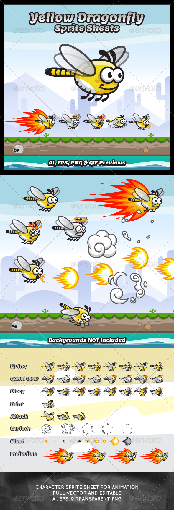 Yellow Dragonfly Sprite Sheets by bevouliin | GraphicRiver