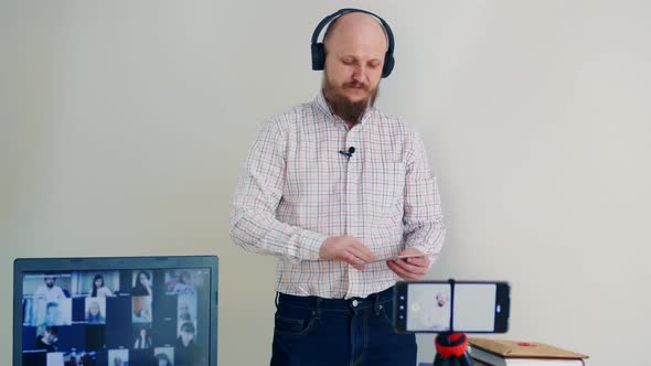 A Bald Man with a Beard Conducts Training Online the Study of Alphabet ...