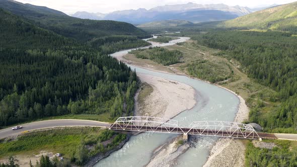 4K aerial drone footage of a bridge over Toad´s river where few ...
