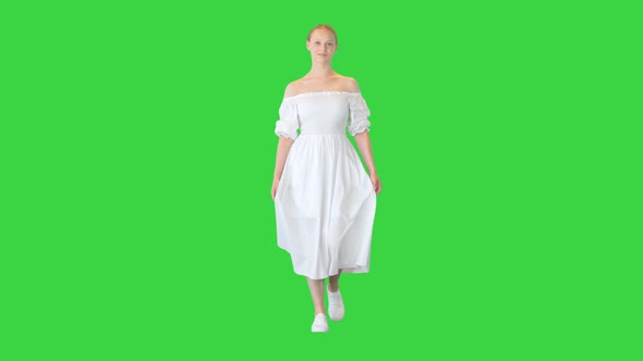 Young Woman in White Dress Walking on a Green Screen Chroma Key, Stock ...