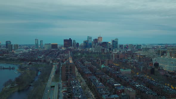 Aerial Panoramic Descending Footage of Back Bay Borough at Dusk, Stock ...