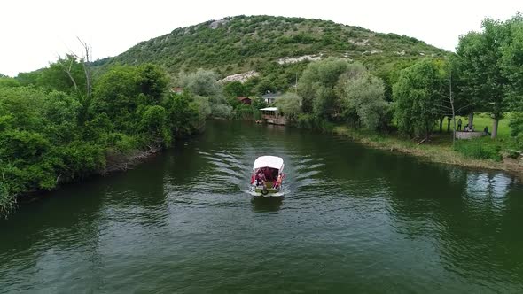 Aerial view Agva, Yesilcay River. A tour boat is passing on the river ...