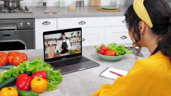 Man Chef Food Blogger in Computer Screen Tells Teaches Housewife ...