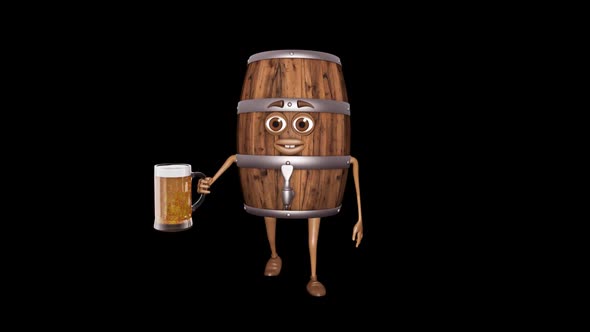 Cartoon Wooden Barrel Walking Beer Loop On Alpha Channel, Motion Graphics