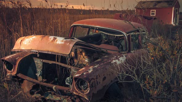 Abandoned vintage car sit dilapidated in a tall grass field, coated in ...