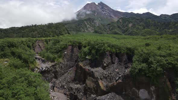 Aerial view of active Merapi mountain with clear sky in Indonesia ...