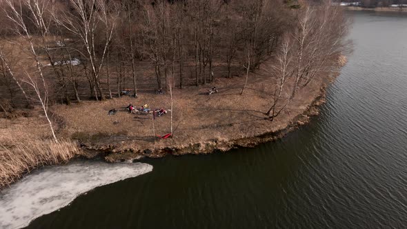 Overhead View of People Resting at the Beach of Early Spring Lake ...