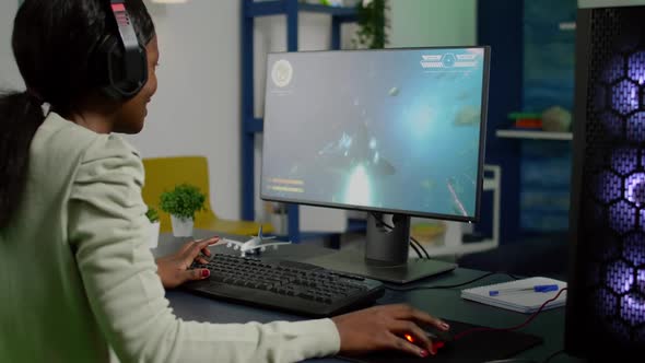 Pro Black Woman Gamer Playing Space Shooter Videogame, Stock Footage