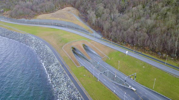 Aerial view of the entrance to the Ryfast subsea tunnel system in ...