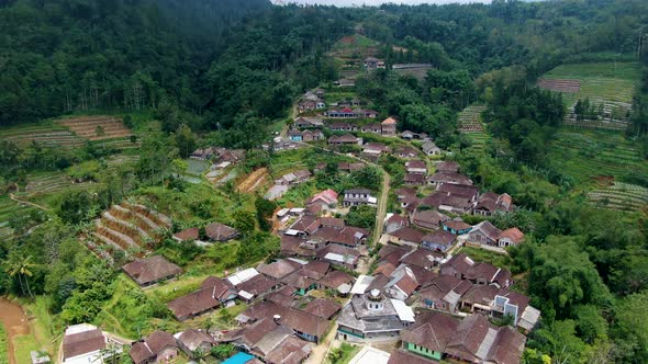 Scenic aerial view of exotic Sutopati Village on hill in Central Java ...