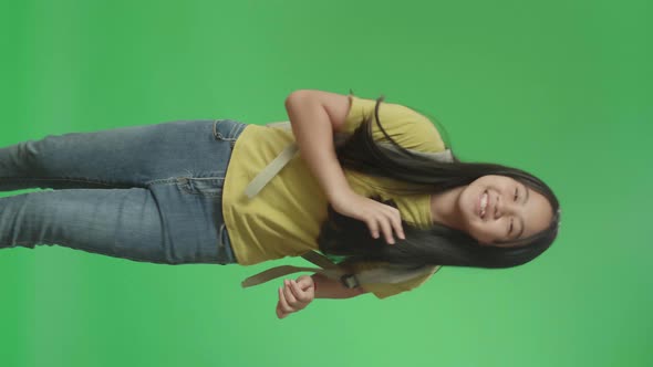 Asian Girl Student Running To School On Green Screen Chroma Key, Stock ...