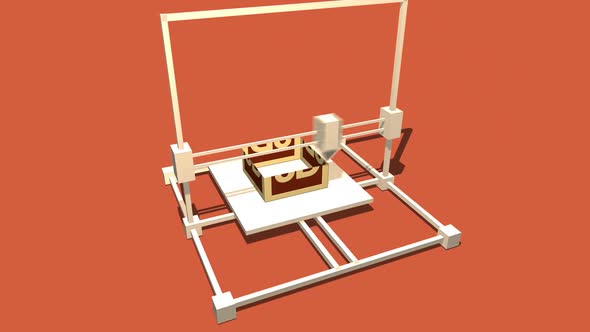 Simple Animation of Printing a 3D box with a 3D Printer. Red Background ...
