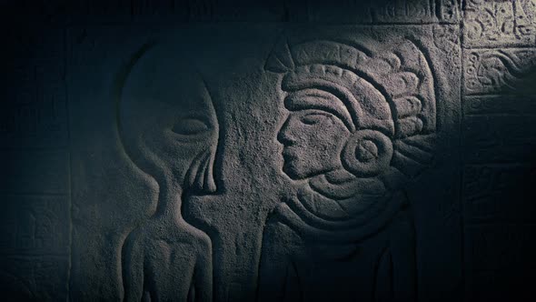 Alien And Aztec Man Carving In Ancient Temple, Stock Footage | VideoHive