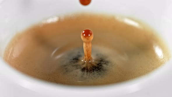 Super Slow Motion Detail Shot of Coffe Drop Falling Into Fresh Espresso ...