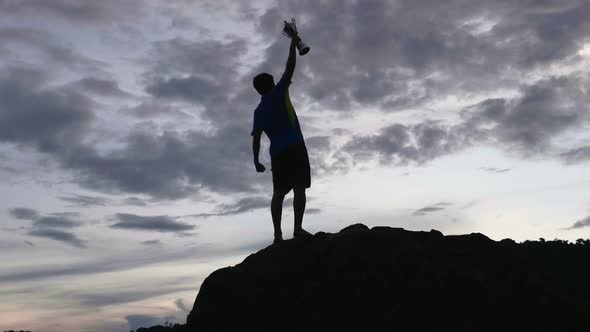 Silhouette Man Win On The Top With Trophy, Stock Footage | VideoHive