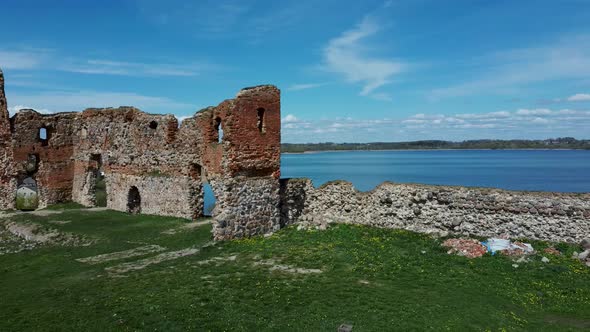 Aerial View of the Ludza Medieval Castle Ruins on a Hill Big Ludza Lake ...