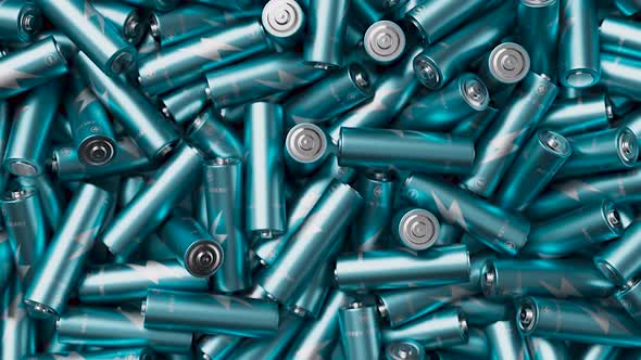 Tracking Shot Over Large Pack of Blue Batteries with Soft Focus, Motion ...