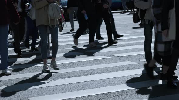 feet of people, pedestrians walking along the street of the city ...