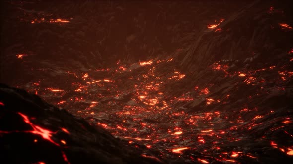 Red Orange Vibrant Molten Lava Flowing Onto Grey Lavafield and Glossy ...