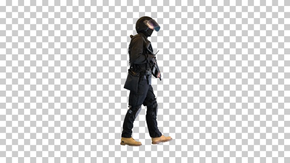 Swat operator with assault rifle walking, Alpha Channel, Stock Footage